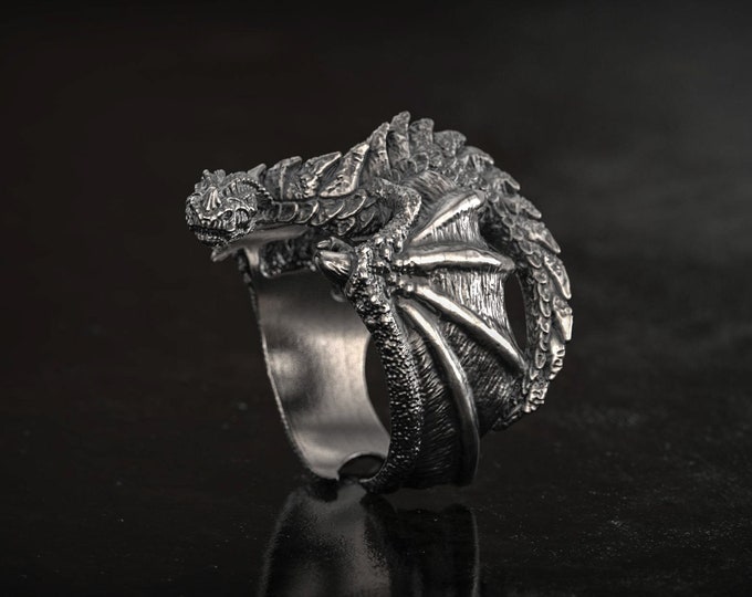 Winged Dragon Ring, Handmade Sterling Silver Ring, Unique Ring for Man ...