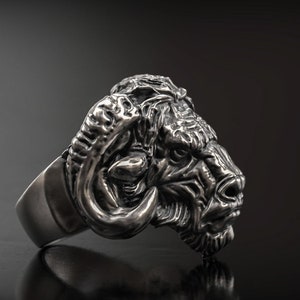 Silver Bison Ring, Bison Head Ring, Ram Head Ring, Men Jewelry, Large ...