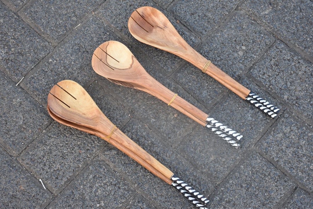 Wooden Kitchen Utensil Set, Carved Wood Salad Spoons, Handmade African ...