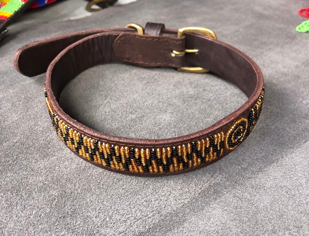 African Beaded Leather Dog Collar, Maasai Handmade Dog Collar ...