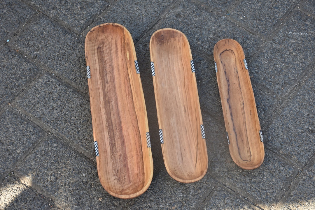 Long Wood Serving Tray Set of 3, Wooden Jewelry Tray, Hand Carved ...