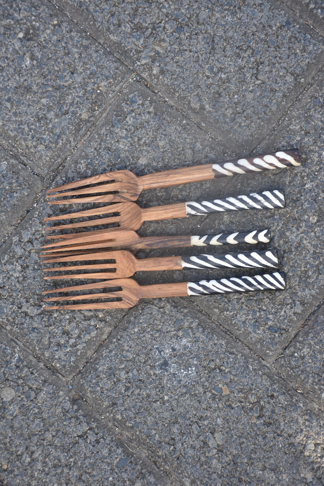African Wooden Kitchen Fork Bone Handles Set of 5, Handmade Wood ...