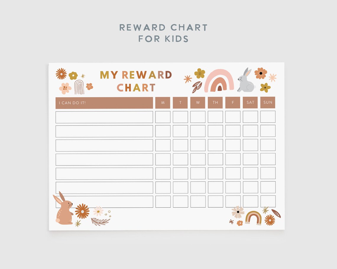 Boho Reward Chart, Printable Sticker Chart for Kids, Boho, Bunnies ...