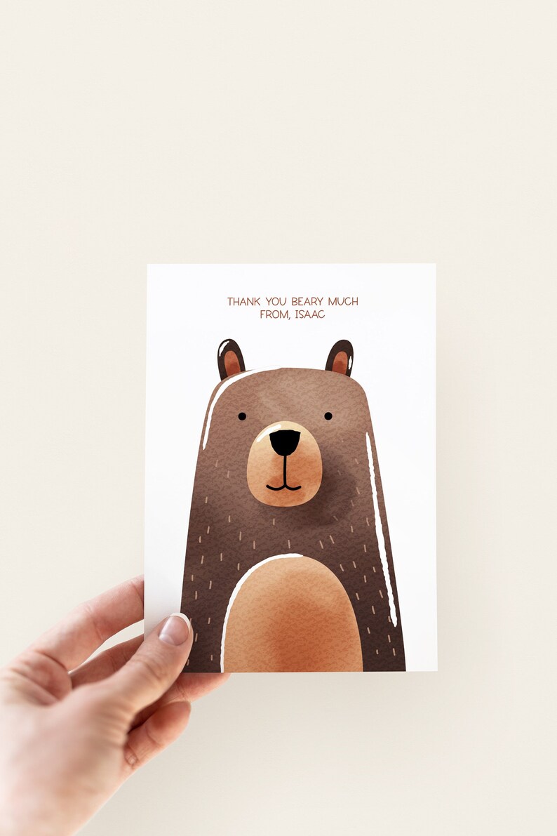 Editable Brown Bear Thank You Card Birthday, Beary First Birthday ...