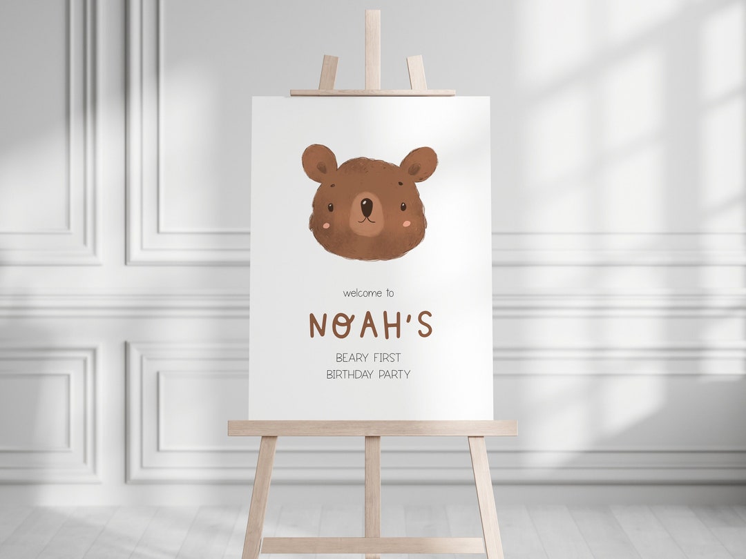 Editable Beary First Welcome Birthday Sign, Woodland Bear Sign, Brown ...