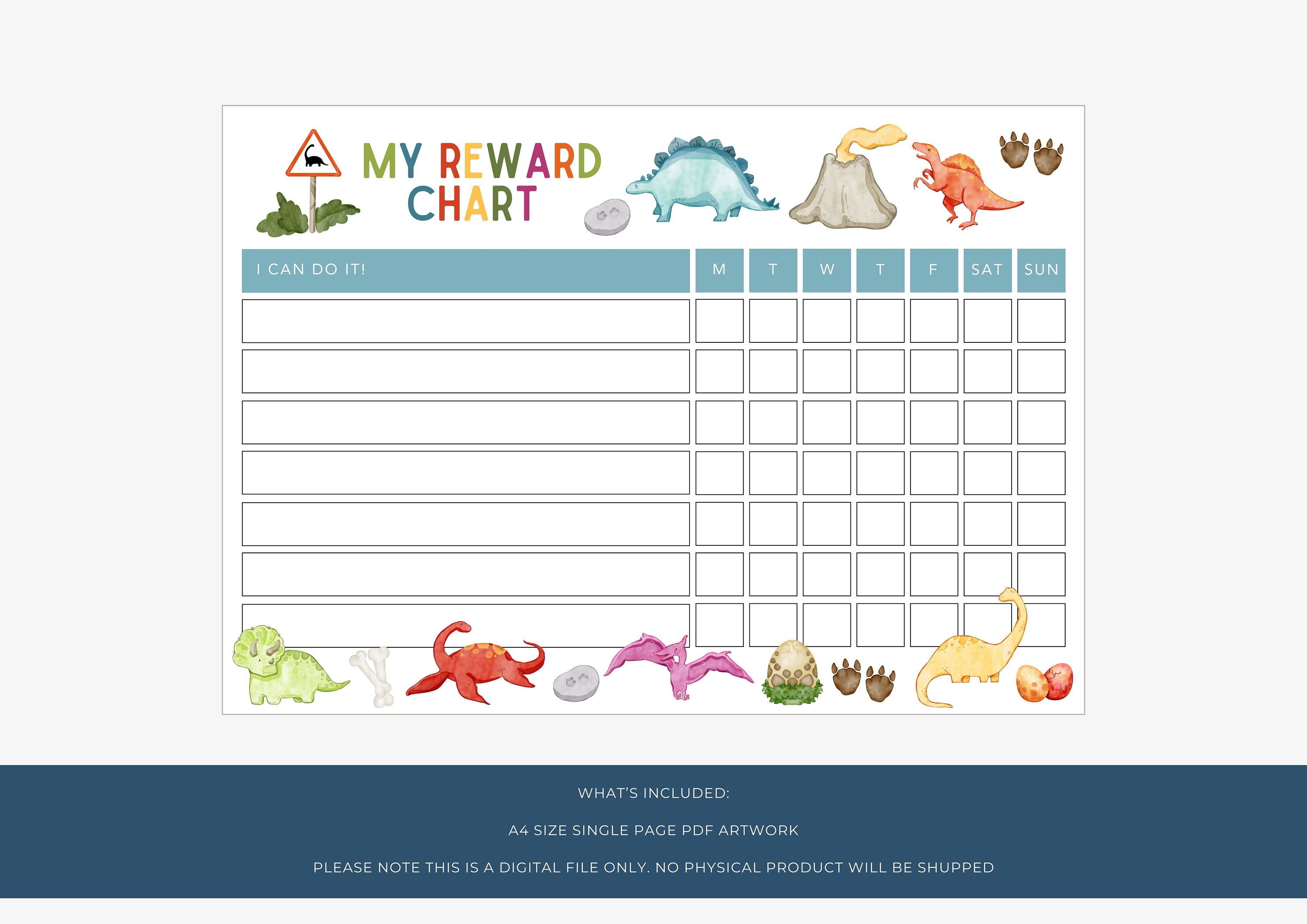 Dinosaur Reward Chart, Printable Sticker Chart for Kids, Dino, Volcano ...