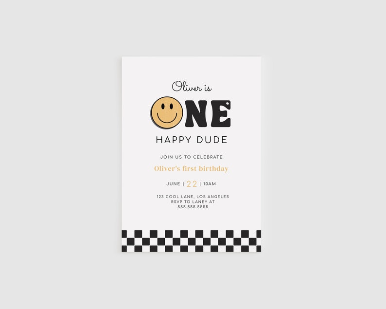 Editable One Happy Dude Birthday Invitation Template, Retro Smile Face ...