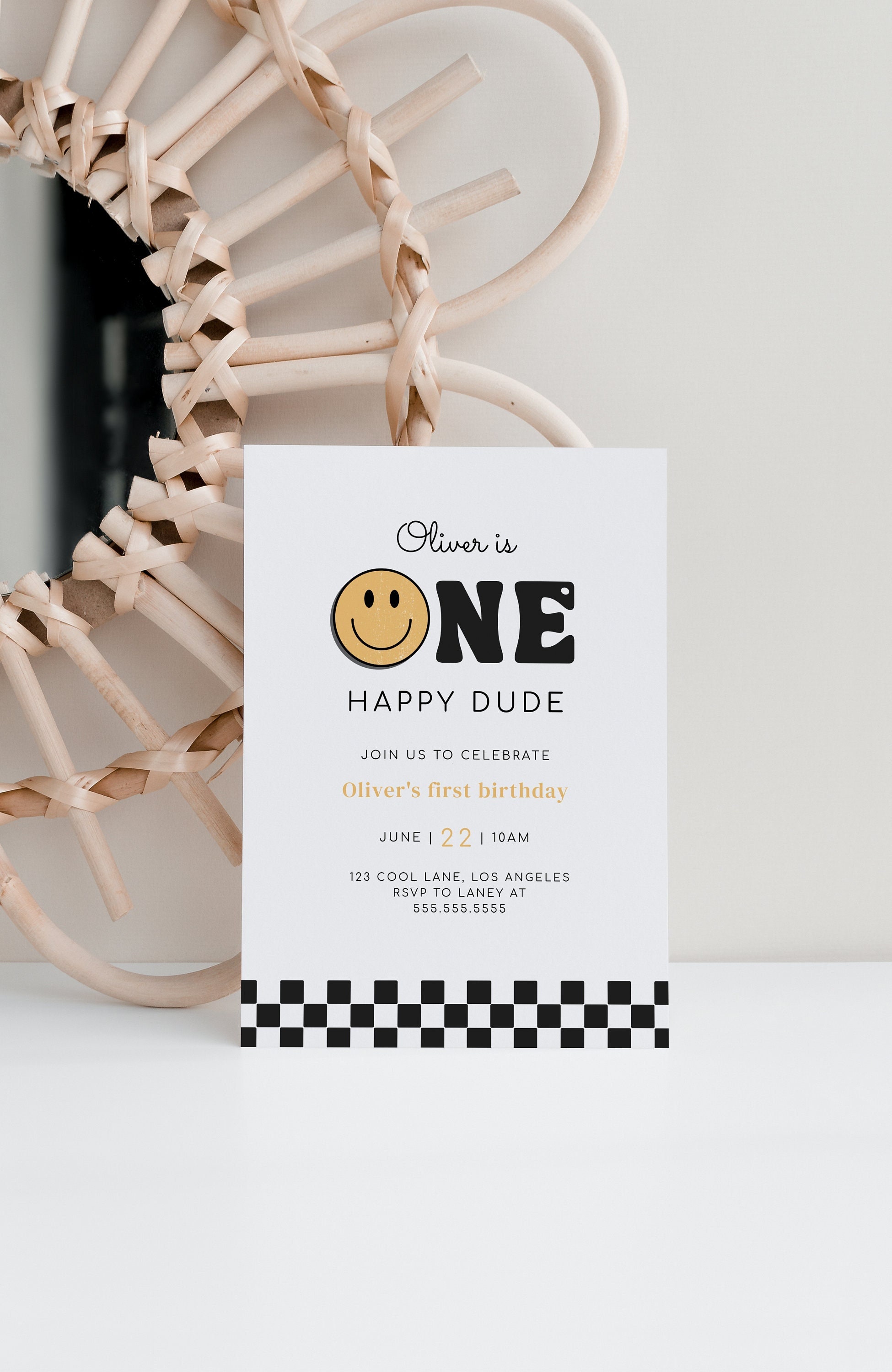 Editable One Happy Dude Birthday Invitation Template, Retro Smile Face ...