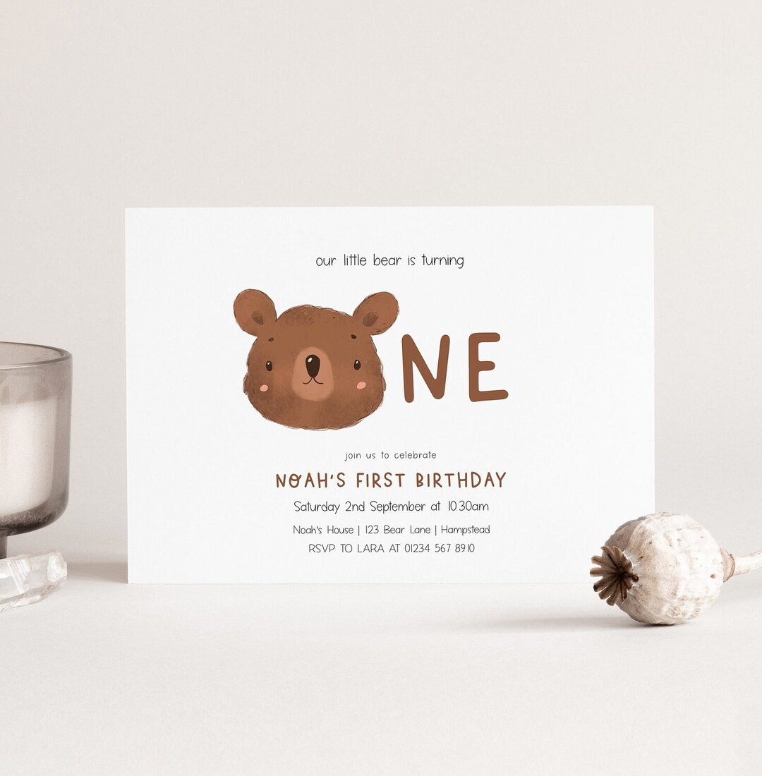 Editable Bear Birthday Invite Template, Beary First Birthday Invite ...