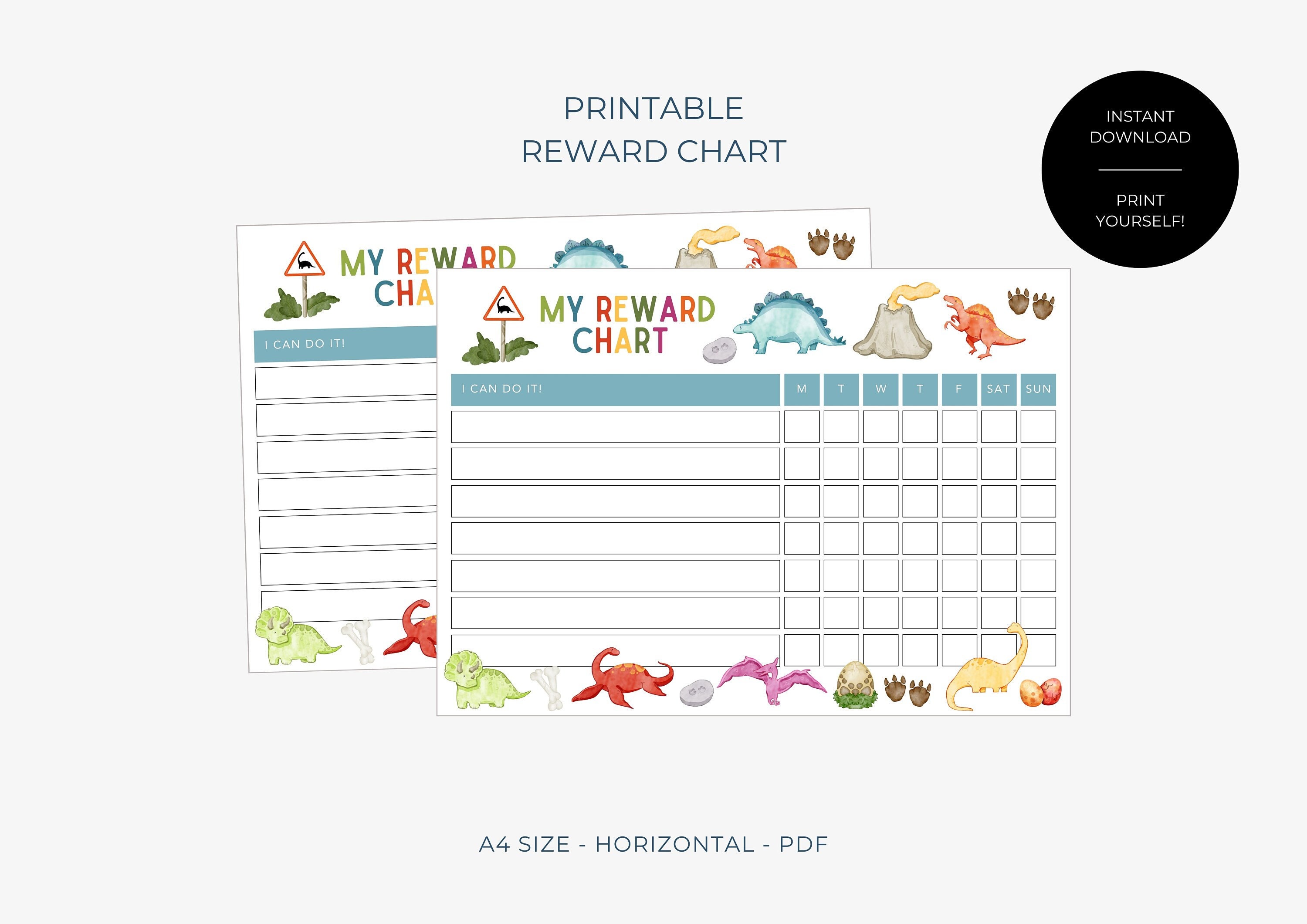Dinosaur Reward Chart, Printable Sticker Chart for Kids, Dino, Volcano ...
