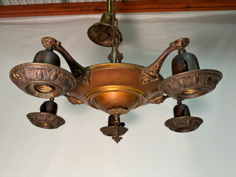 Antique Brass Pan Chandelier Vintage Arts & Crafts Mission Ceiling ...