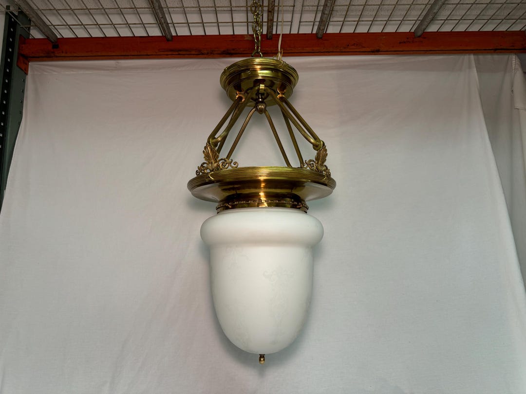 Huge Antique Victorian Chandelier Gas Acid Etched Glass Brass Church ...