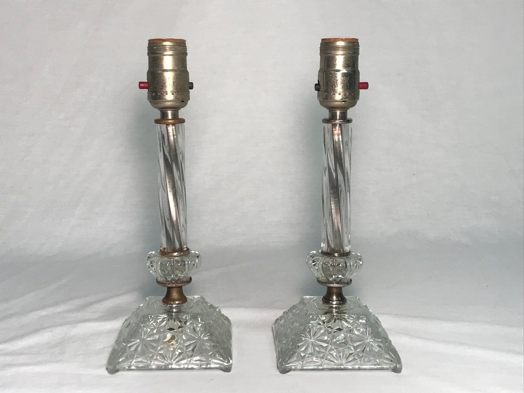 Antique 1920's Glass Crystal Boudoir Table Lamps Art Nouveau Pair Boudoir Stick Style Student ...