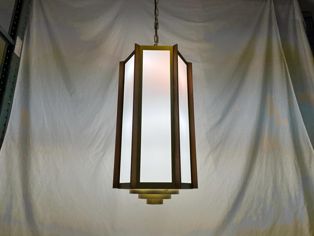 Vintage Gothic Church Pendant Light: MCM Faux Slag Glass & Oak - Etsy