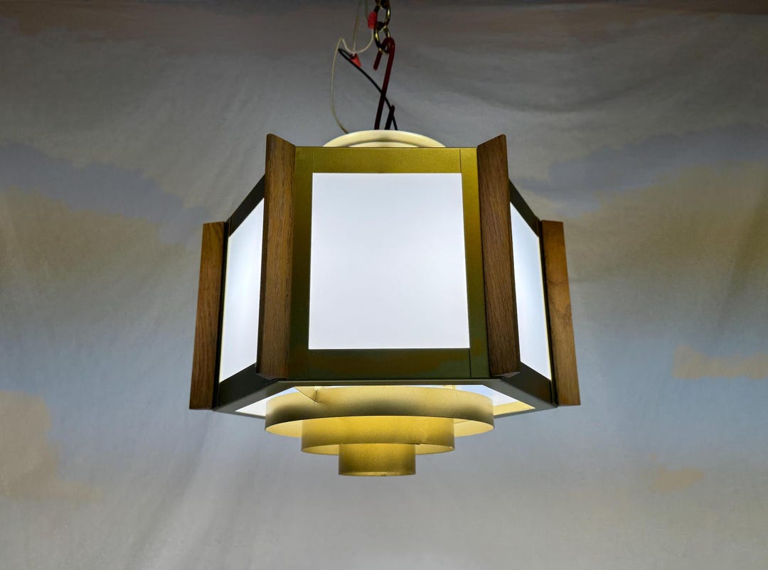 Vintage Gothic Faux Slag Glass Pendant Light - MCM Oak Wood Church Art ...
