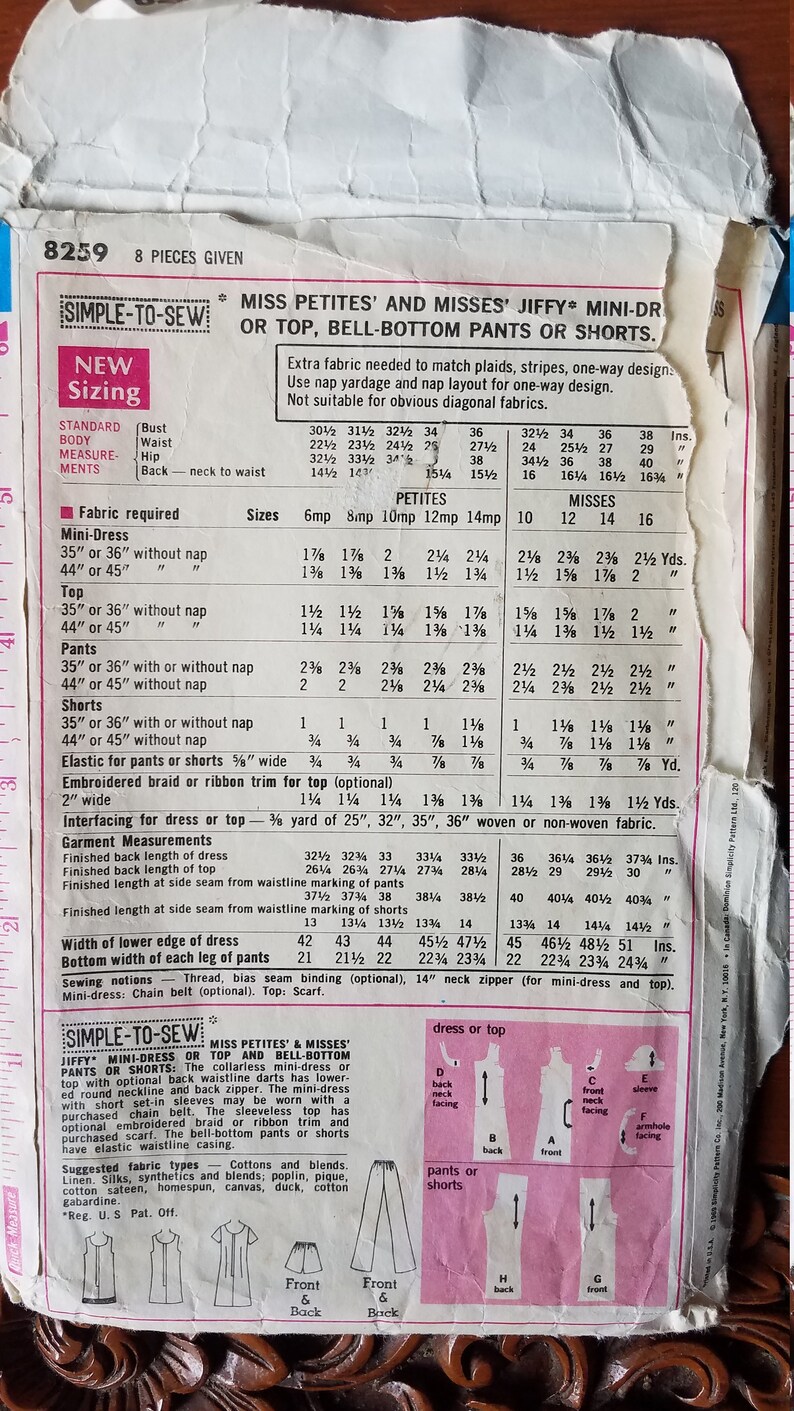 1969 Simplicity Pattern 8259. Misses' Petite and Misses" Jiffy Mini ...