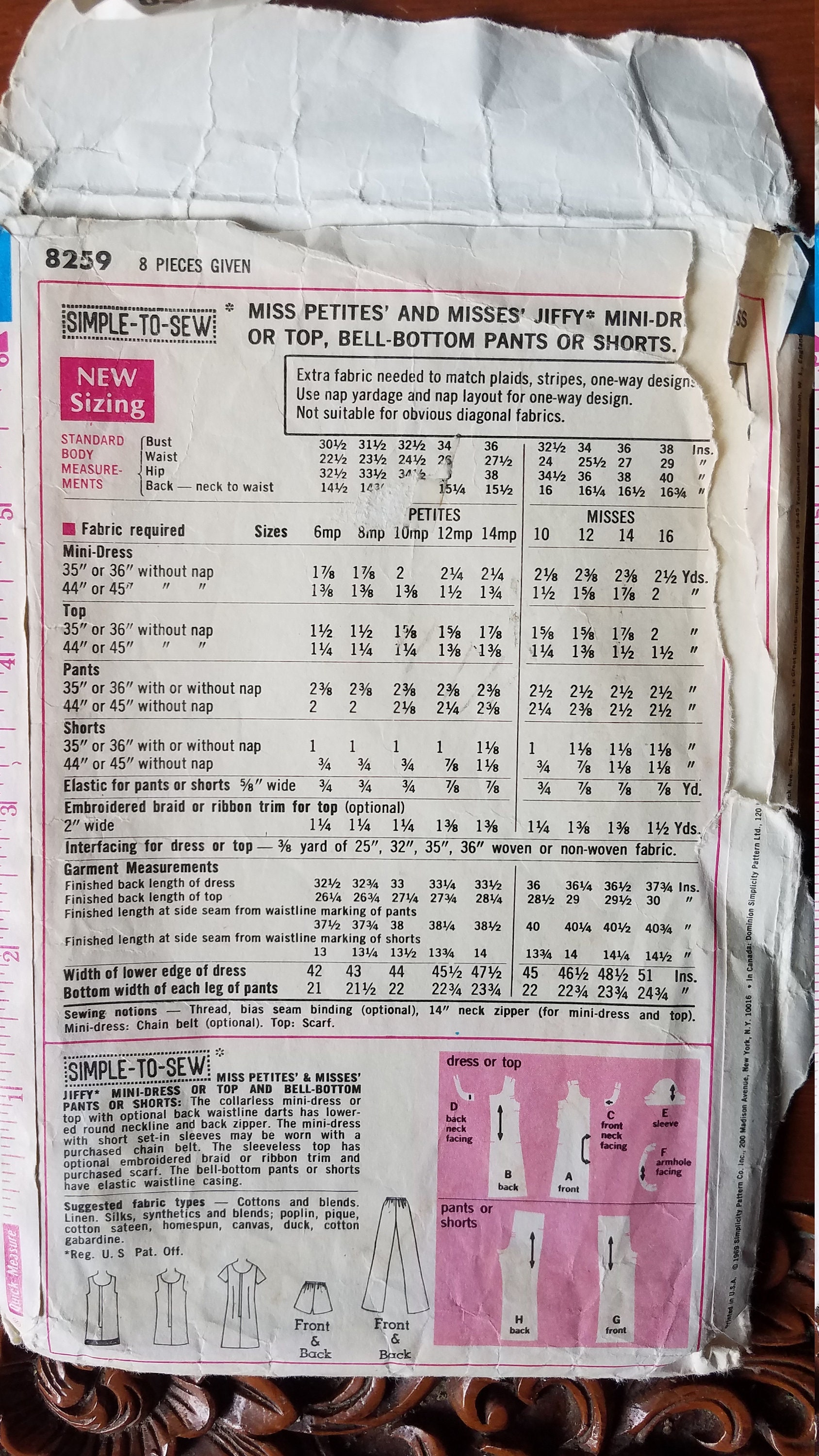 1969 Simplicity Pattern 8259. Misses' Petite and Misses" Jiffy Mini ...