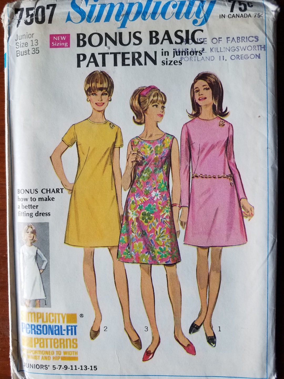 1967 Simplicity Pattern 7507. Junior's Bonus Basic Dress. - Etsy
