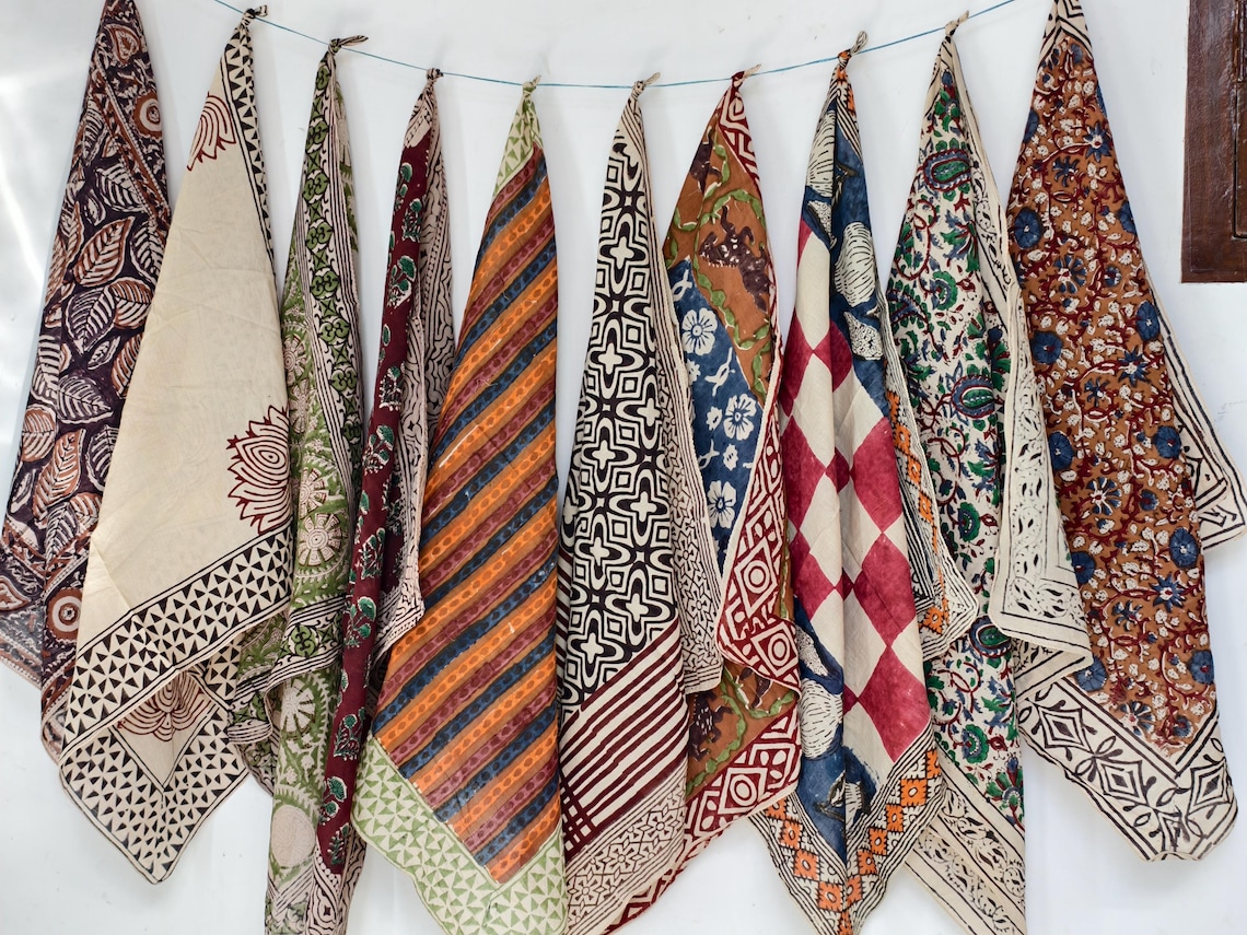 A Set of 10 Large Bandanas,block Print Cotton Bandana Set: Geometric ...