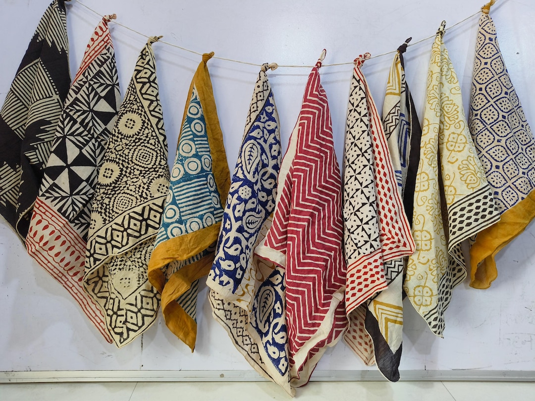 A Set of 10 Bandanas,block Print Cotton Bandana Set: Geometric ...