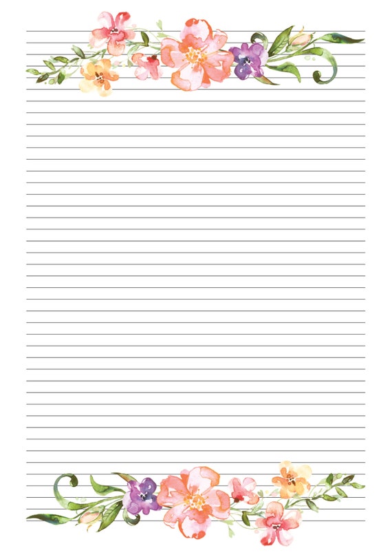 Watercolour Flower border lined A4 paper instant download printable paper