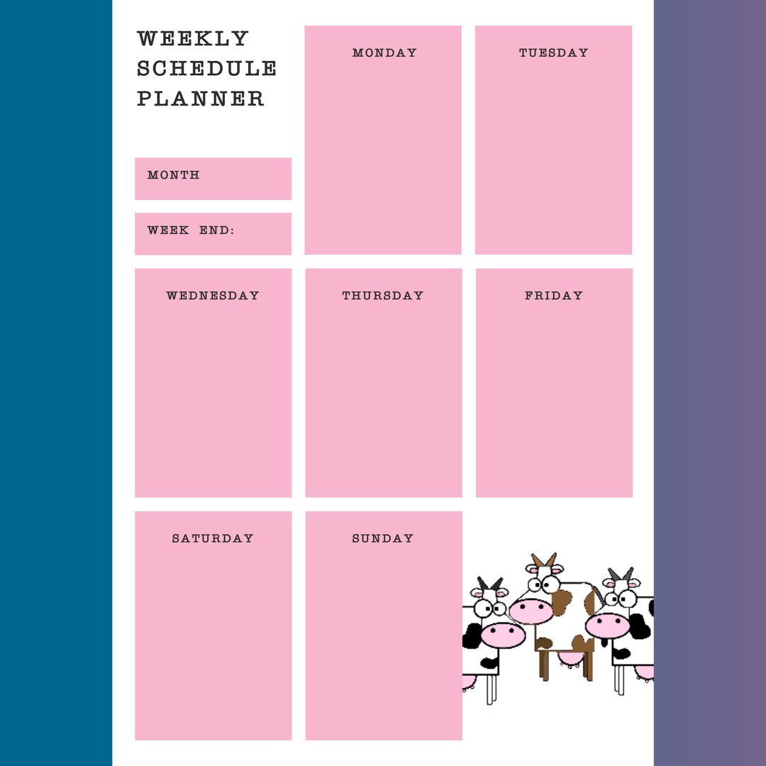 A4 Portrait Weekly Planner Printable Cow Theme Digital - Etsy Singapore