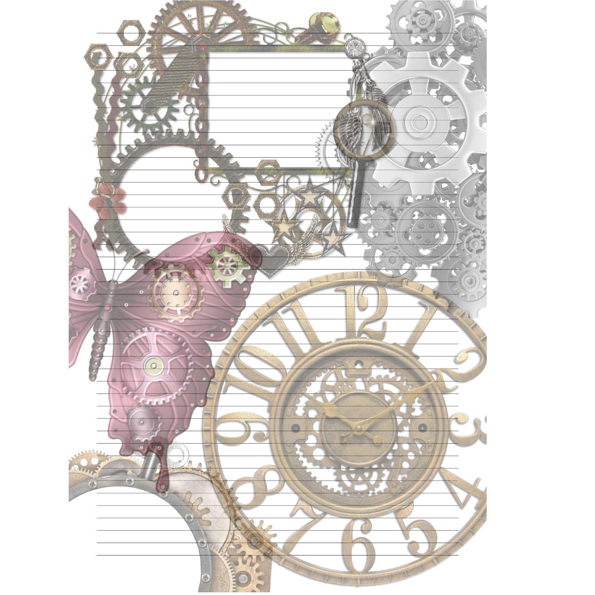 A4 Lined Printable Paper, Steampunk Butterfly, Steampunk Clock ...