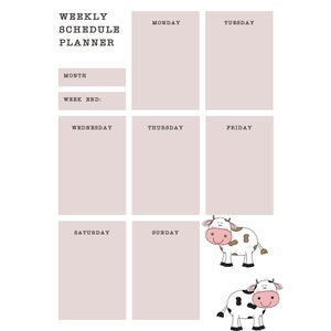 A4 Portrait Weekly Planner Printable Cow Theme, Digital Download ...