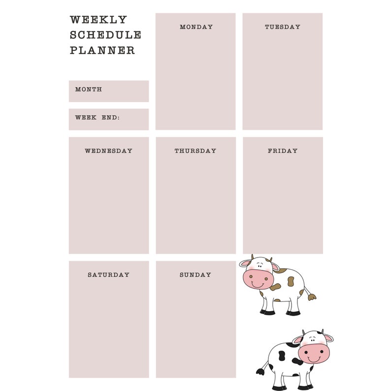 A4 Portrait Weekly Planner Printable Cow Theme, Digital Download ...