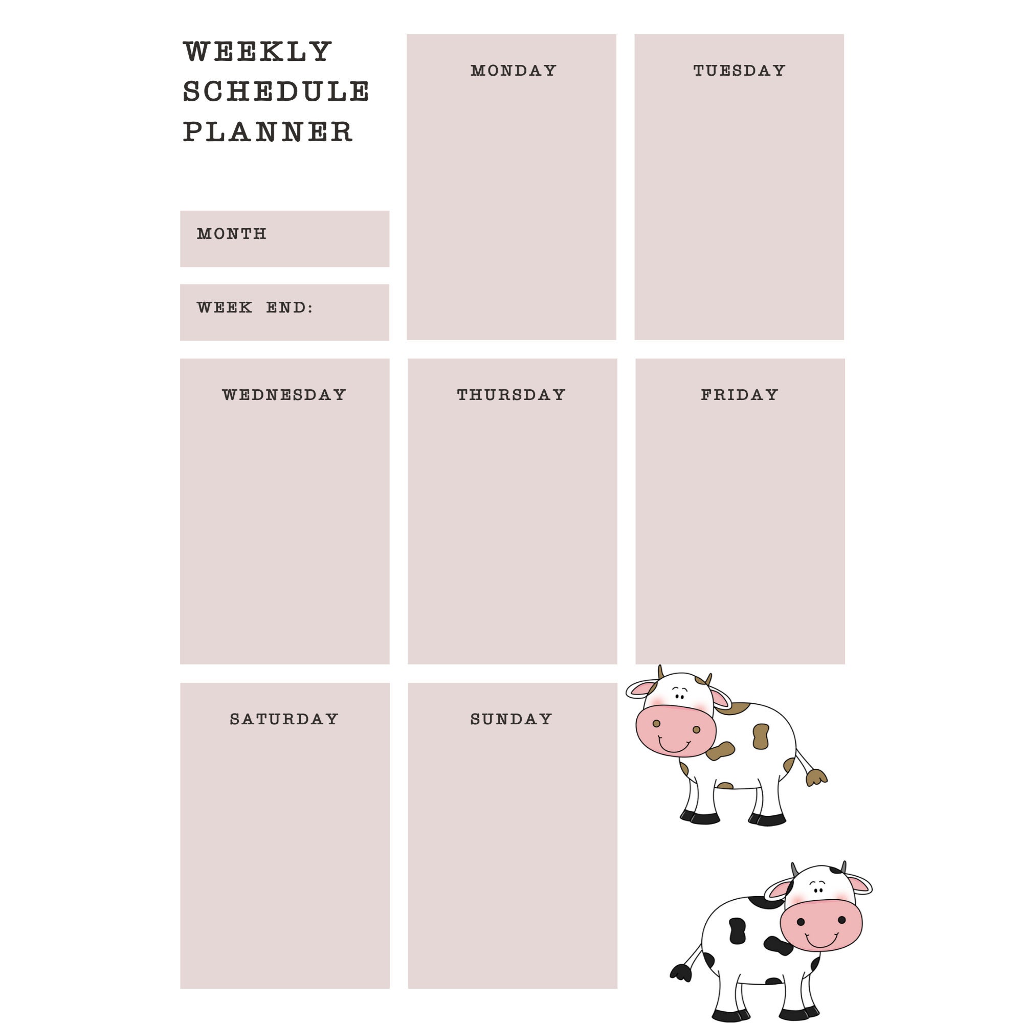 A4 Portrait Weekly Planner Printable Cow Theme Digital - Etsy