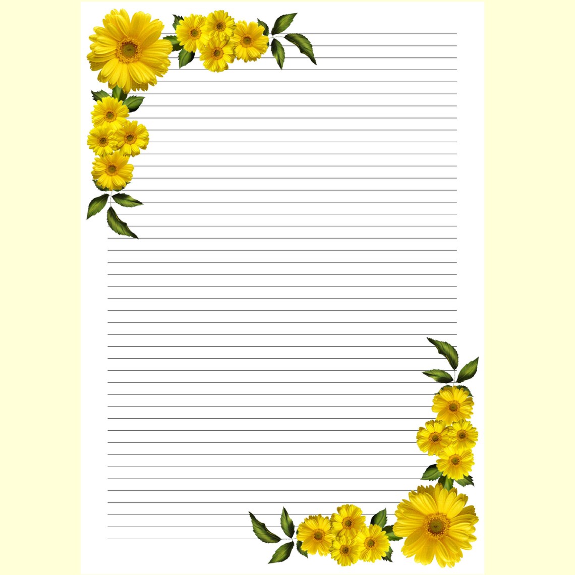Yellow Daisy Flower Stationery Lined and Unlined Digital File Instant ...