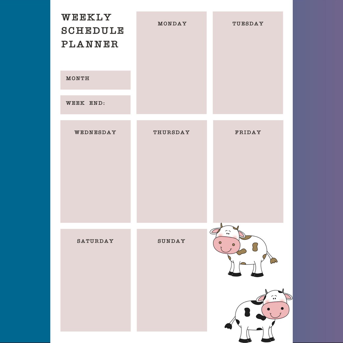 A4 Portrait Weekly Planner Printable Cow Theme Digital - Etsy