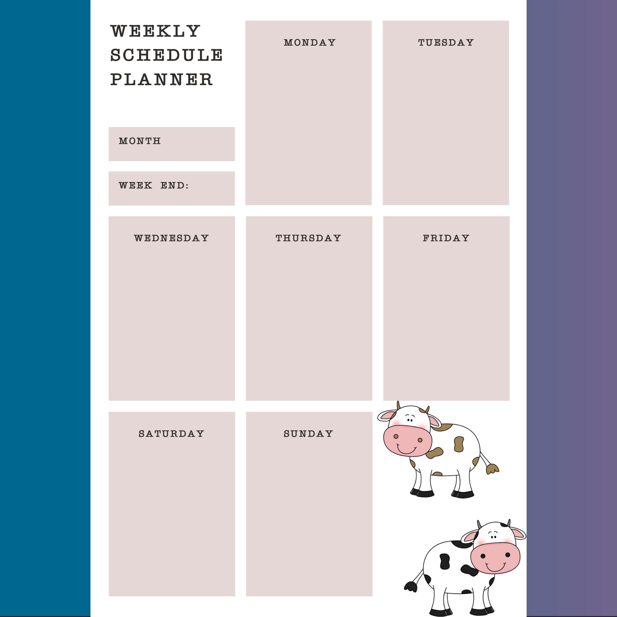 A4 Portrait Weekly Planner Printable Cow Theme, Digital Download ...
