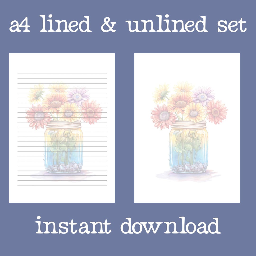 A4 Lined and Unlined Floral Bohemian Jar Writing Paper Set Instant ...