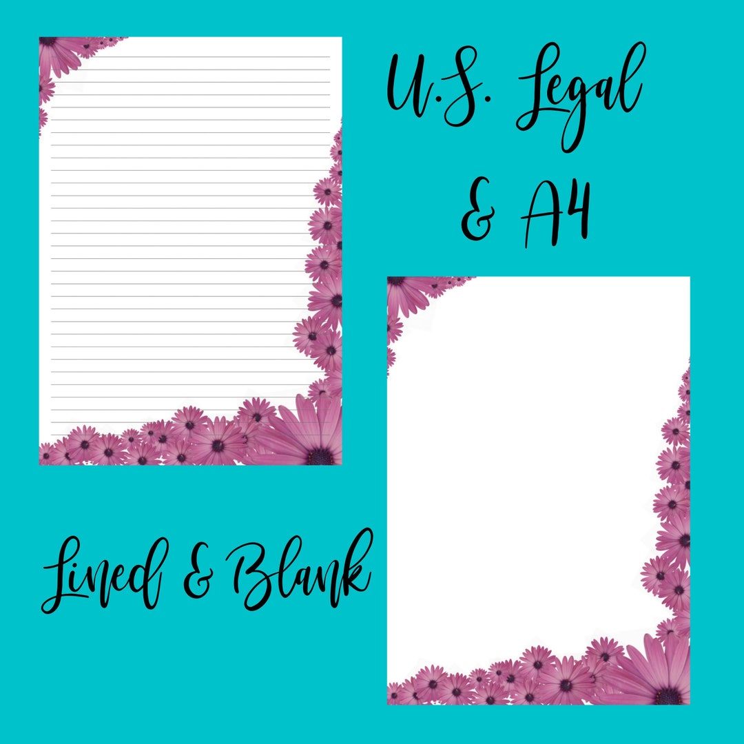 Purple Flower Border Lined and Unlined Writing Paper, A4 and US Legal ...