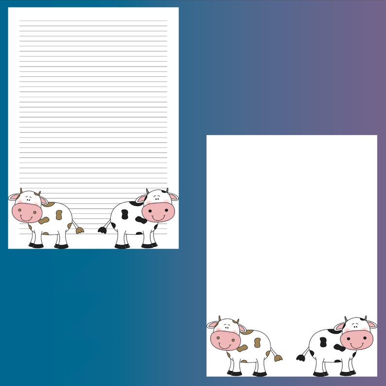 Stationery, A4 Printable Paper, Cow Theme, Writing Paper. Lined and ...