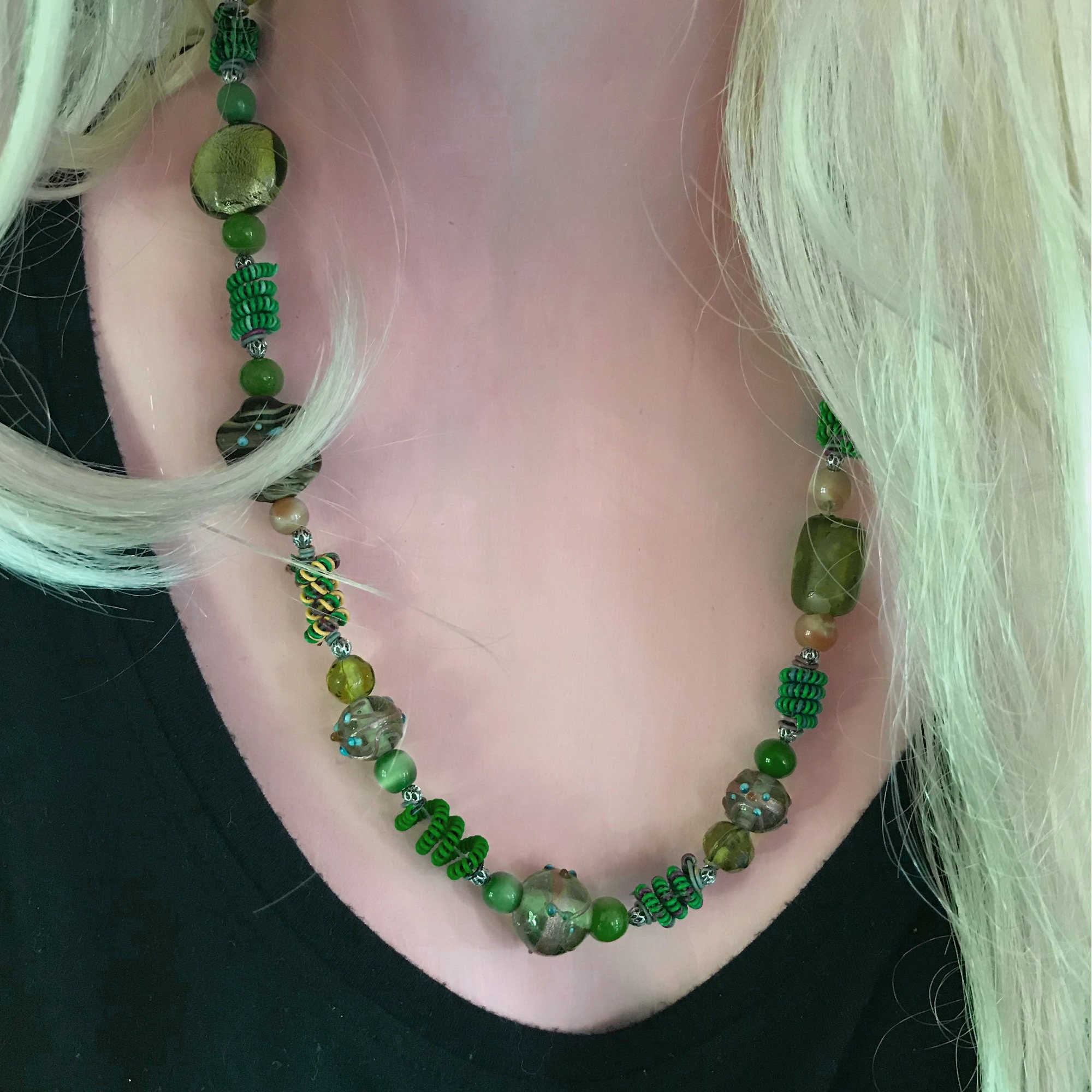 Green Beaded Necklace, Unique Green Necklace, Botanical Necklace, Boho ...