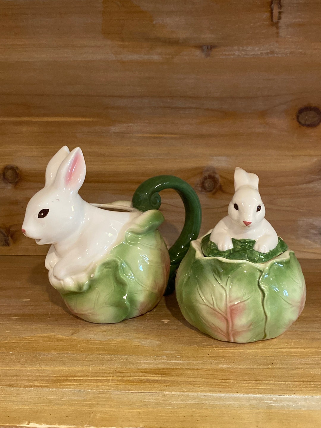 Applause Ceramic Bunny Rabbit Cabbage Creamer and Sugar Set, Vintage ...