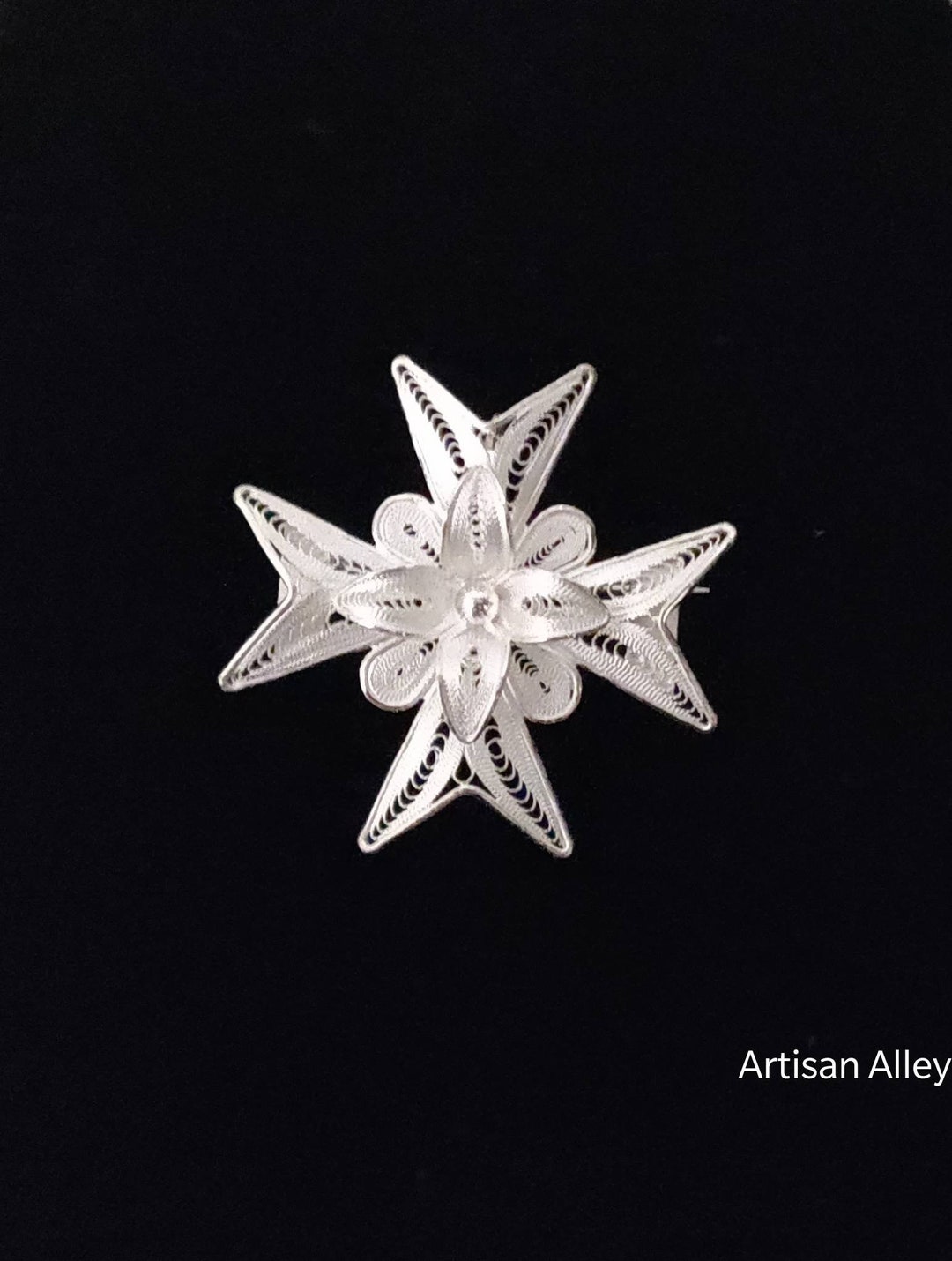 Large Silver 925 Filigree Maltese Cross With Flower Pin Brooch, Malta ...