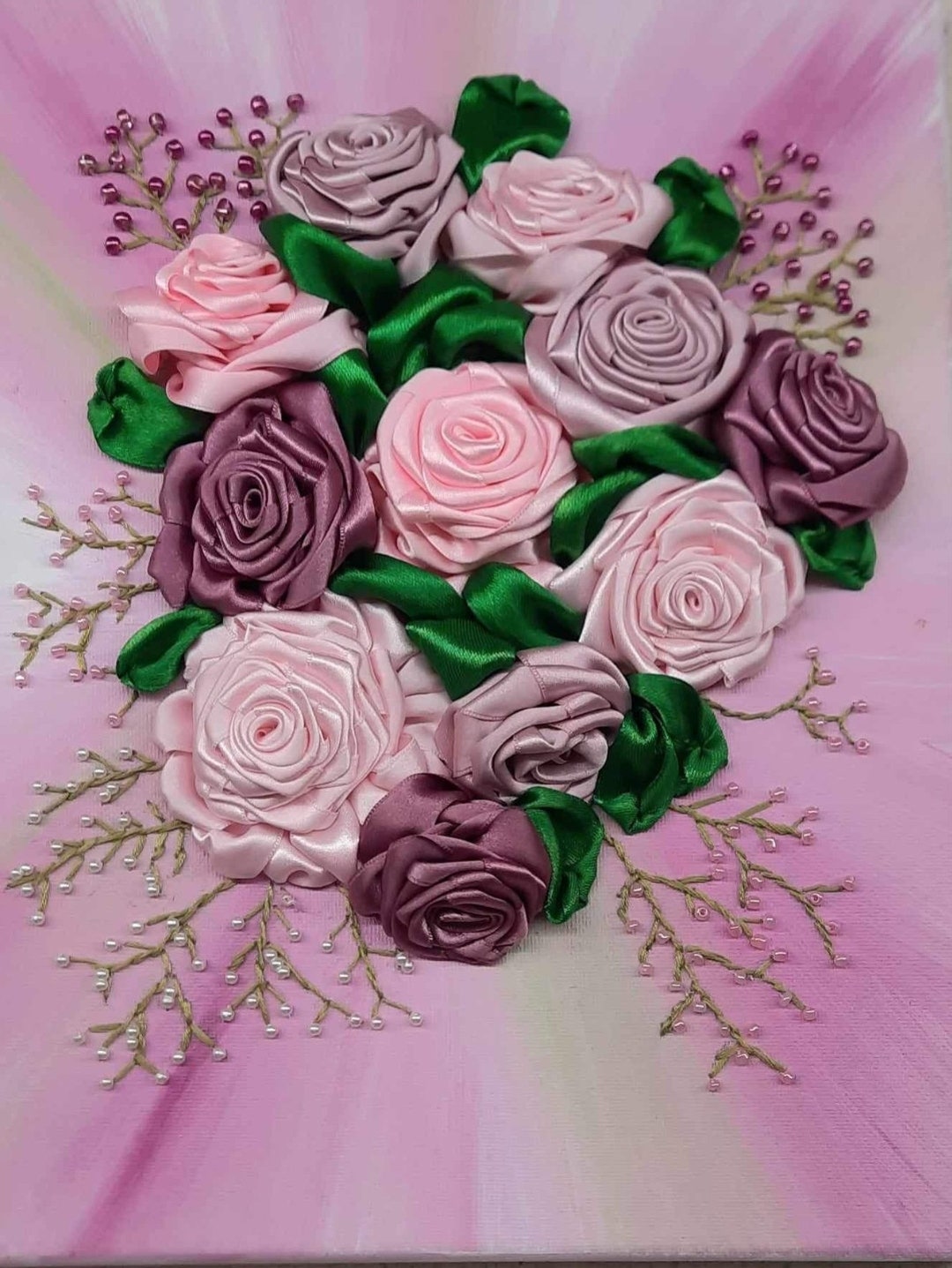 3D Ribbon Embroidery Picture, Handcrafted Satin Ribbon Pink Roses on ...