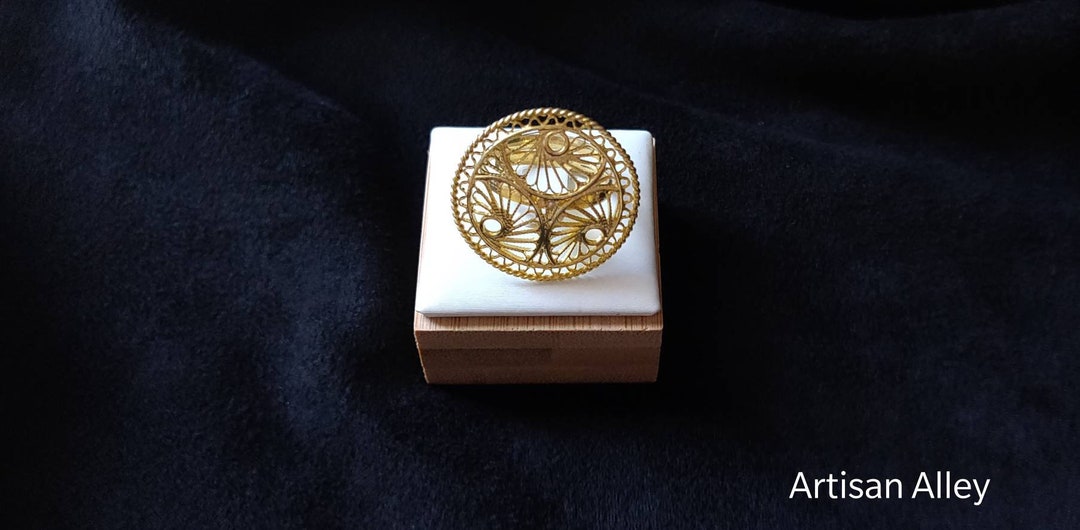 18k Gold Plated on Sterling Silver Filigree Open Work Ring, Wide Ring ...