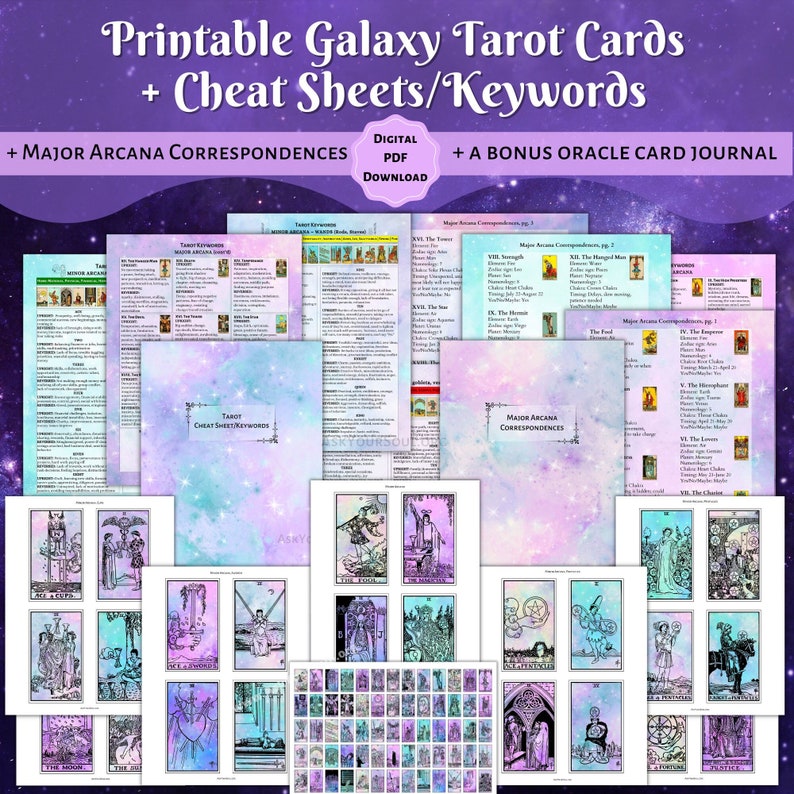 PRINTABLE Galaxy Tarot Cards & Cheat Sheets Keywords Rider Waite Smith Tarot Cards Meanings ...