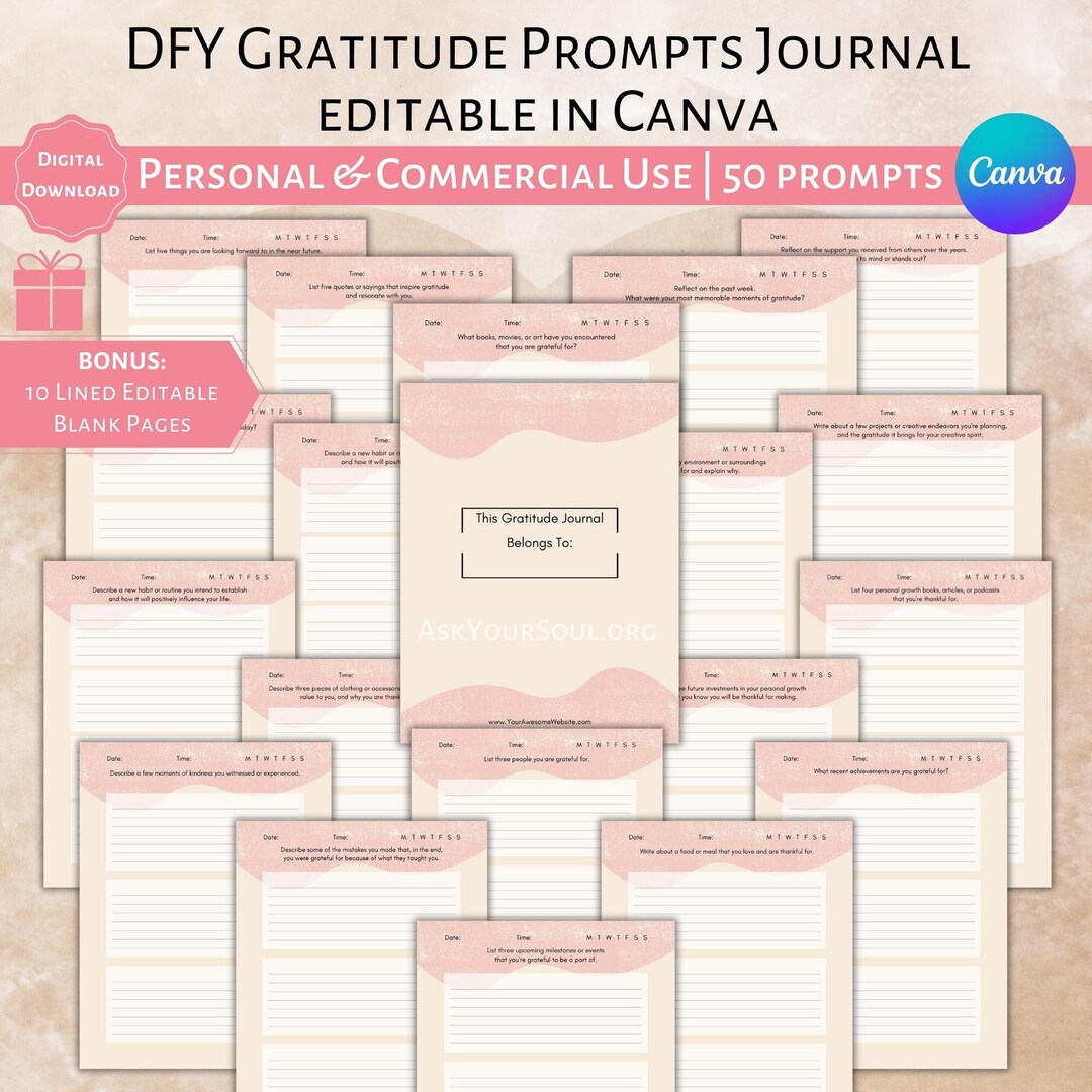 Editable Gratitude Journal Prompts Canva Template Commercial and ...