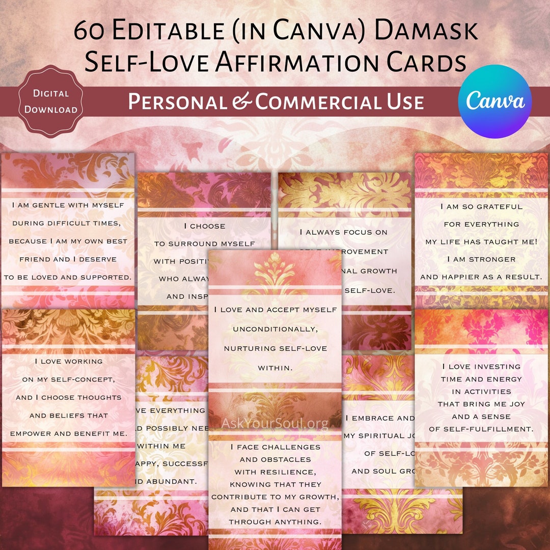60 Editable Self-love Affirmation Cards Dark Pink Damask Canva Template ...