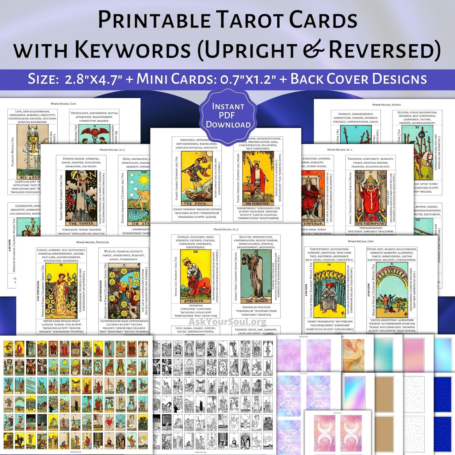 PRINTABLE Rider-waite Tarot Cards With Keywords PDF Upright and ...