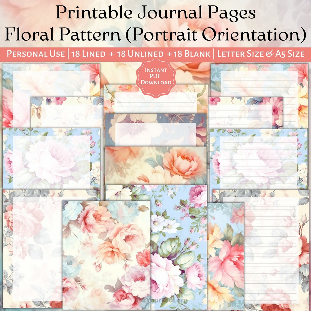 PRINTABLE Floral Journal Pages Lined Unlined, Shabby Roses, Letter, A5 ...