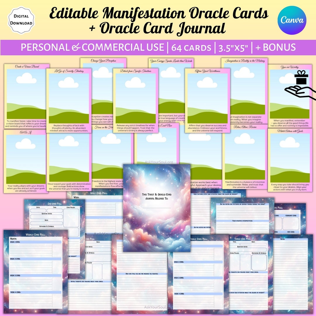 64 Editable Manifestation Oracle Cards & Oracle Card Journal Canva ...