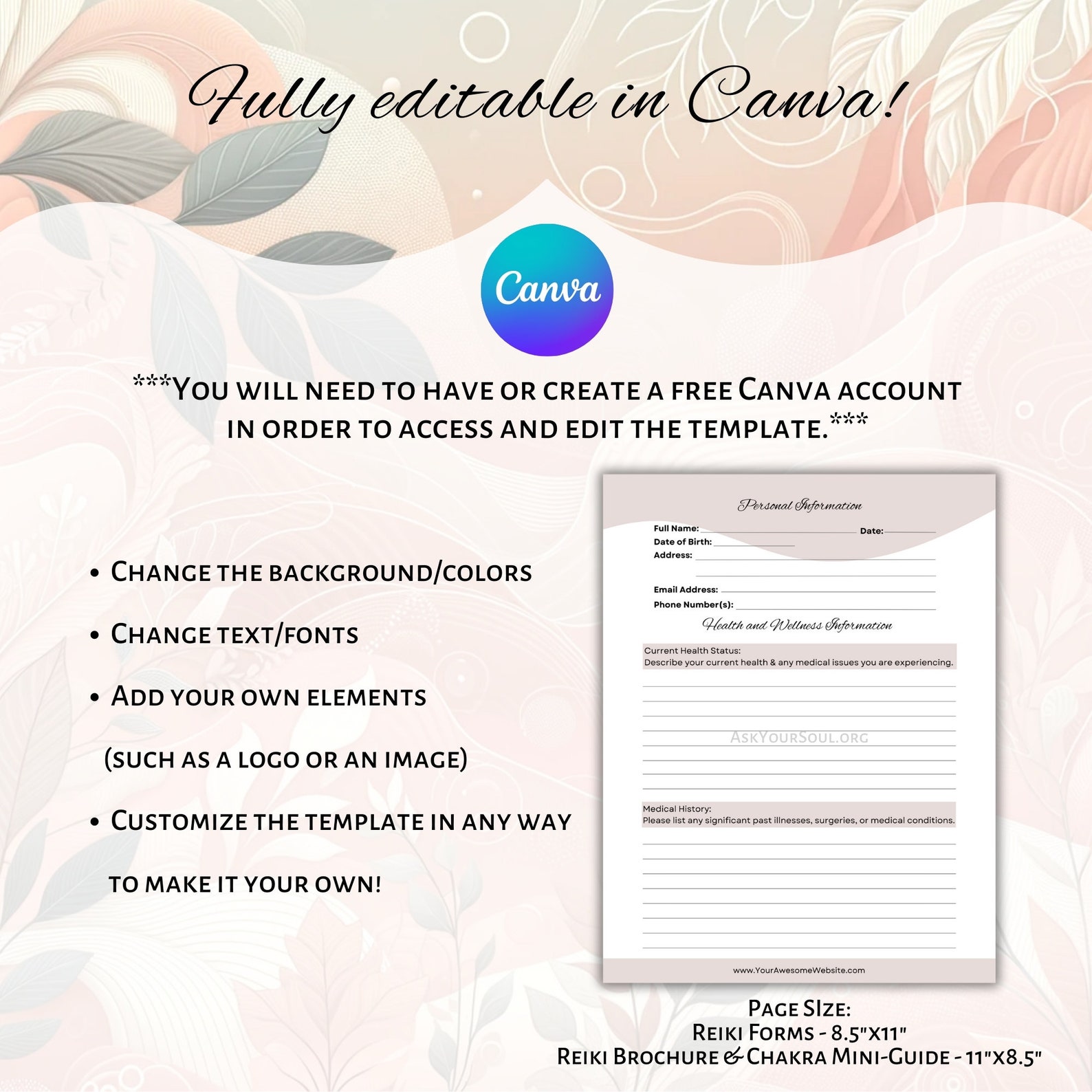 Editable Reiki Brochure, Forms, Chakra Guide Canva Template Commercial ...