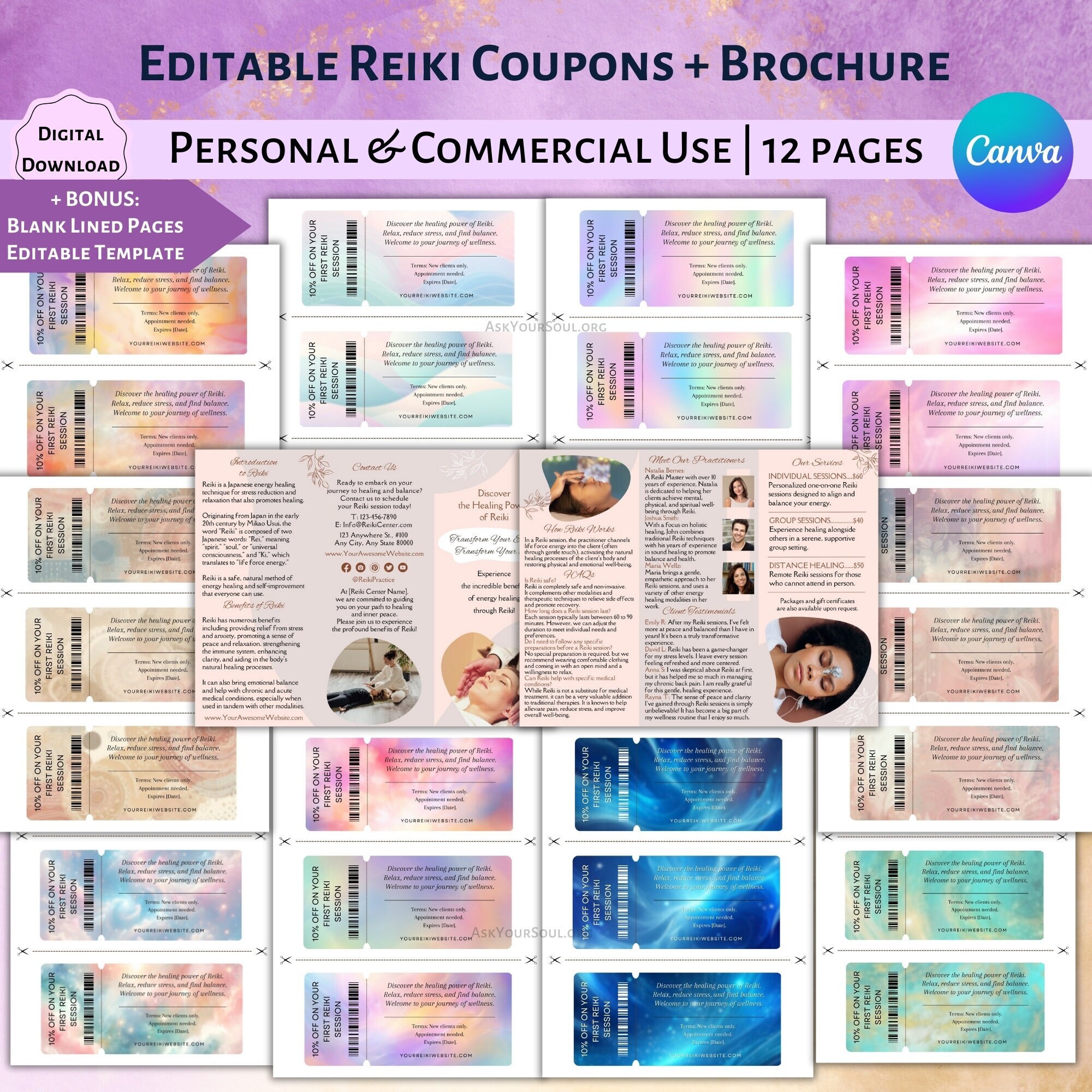 Editable Reiki Coupons & Brochure Canva Template Commercial and ...