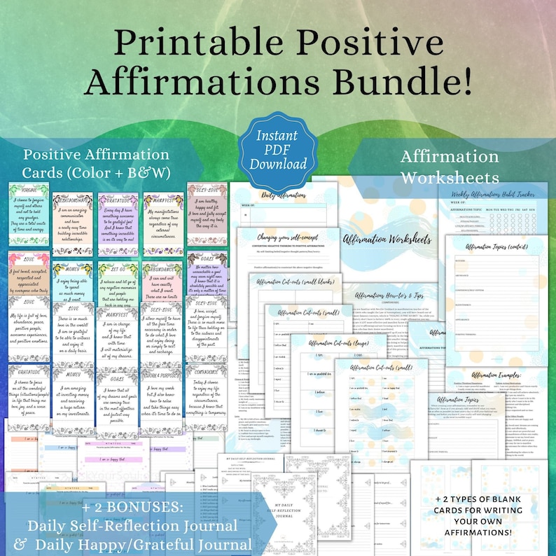 PRINTABLE Positive Affirmation Bundle Affirmation Worksheets Tracker ...